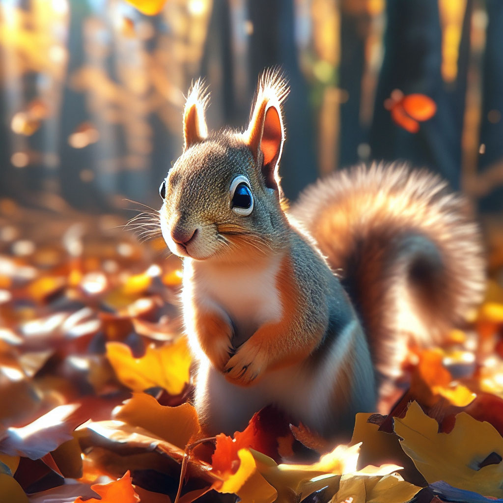 "Squirrel sad,slush,falling leaves, in the autumn forest,realistic ...