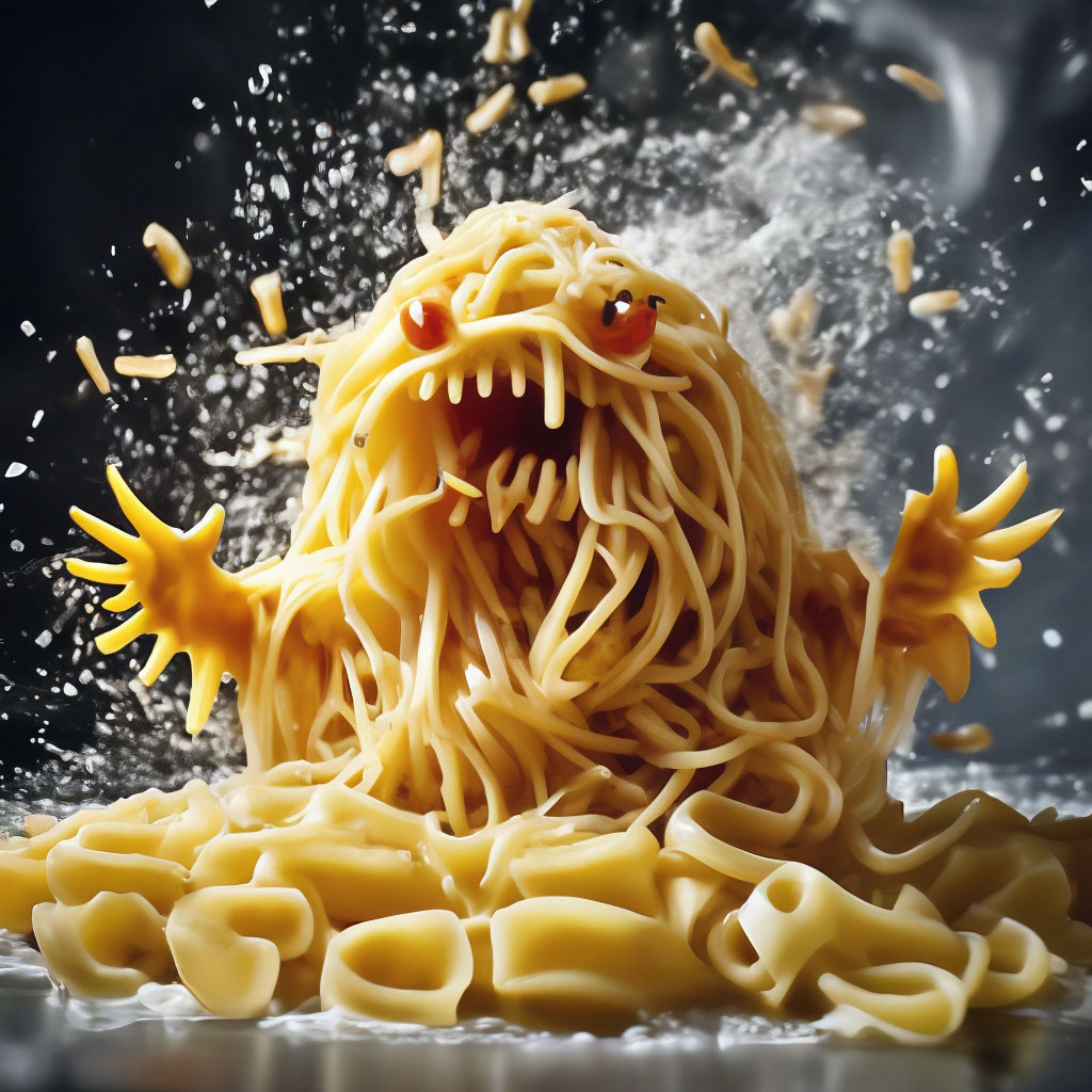 "Belief in the pasta monster" — image created in Shedevrum