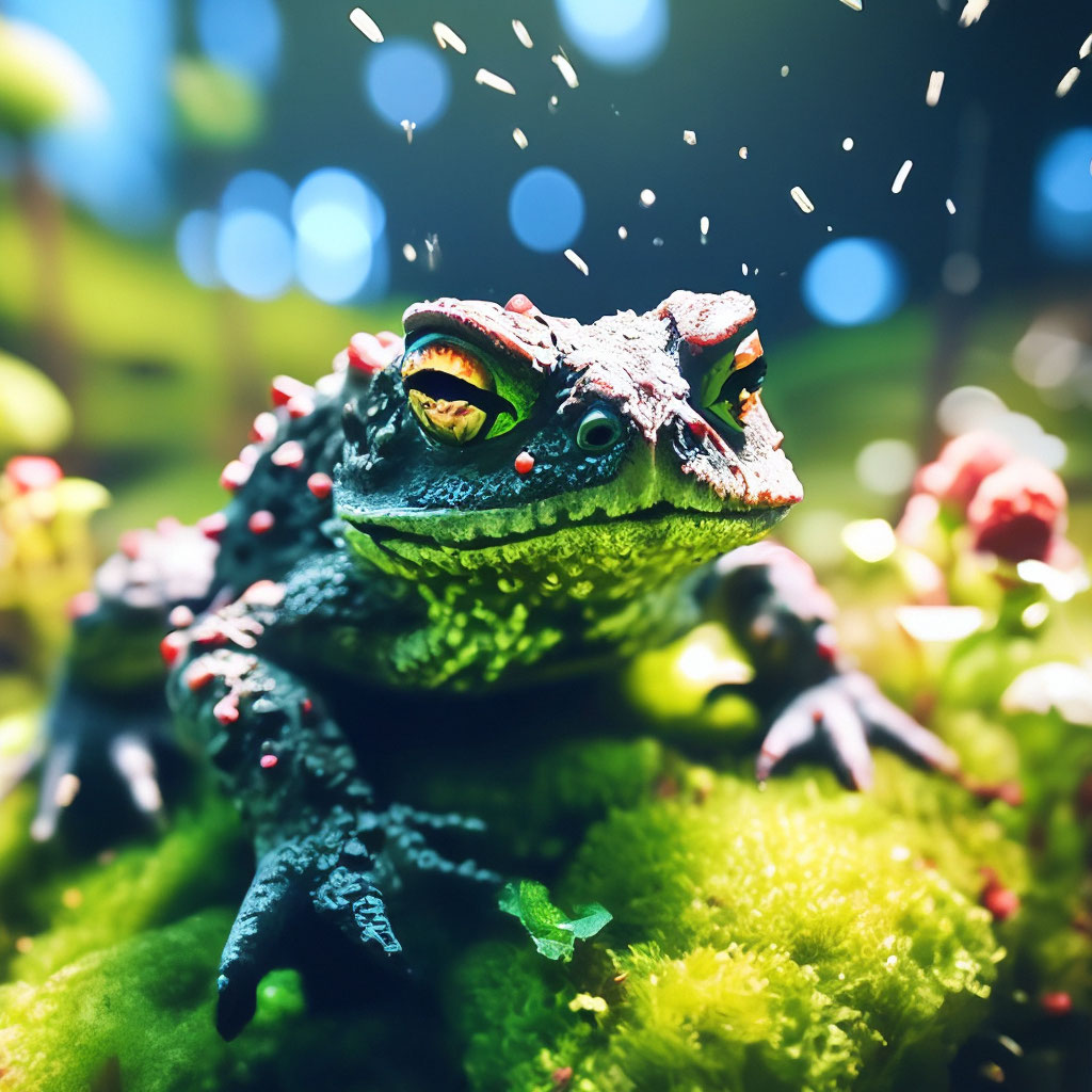 "A large gray-green toad with warts on a moss lingonberry swamp, dark ...