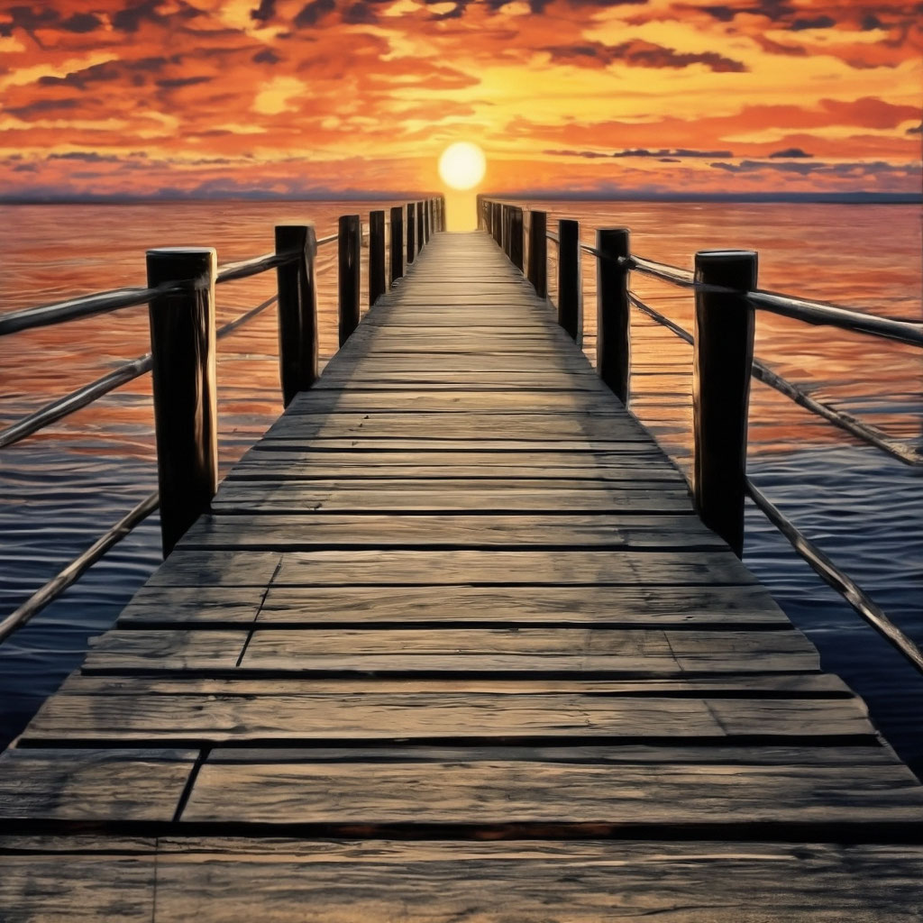 "Wooden pier, water surface. sunset, in the technique of metal etching ...