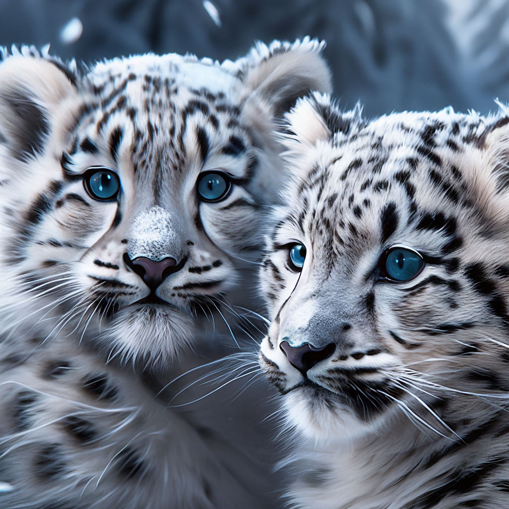 "Snow leopard cubs hyperrealism, close-up, focus on the face, consists ...