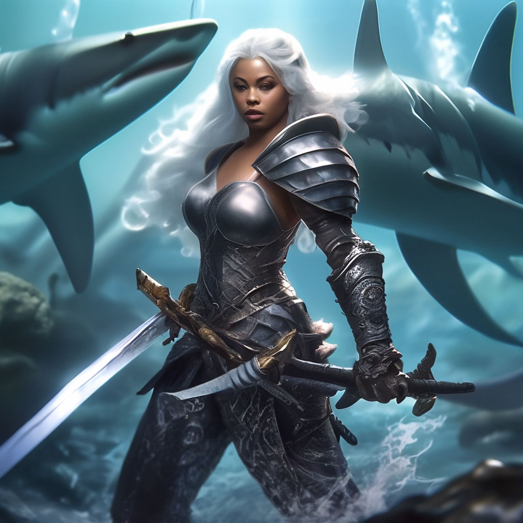 "Militant mermaid, underwater, big beautiful black mermaid tail, sword ...