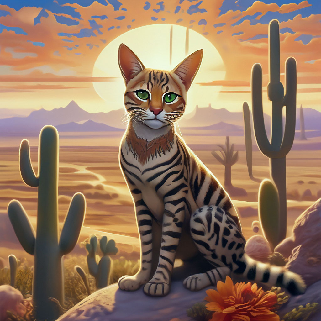 "Detailed landscape savannah desert cacti, cheeky santa muerte cat ...