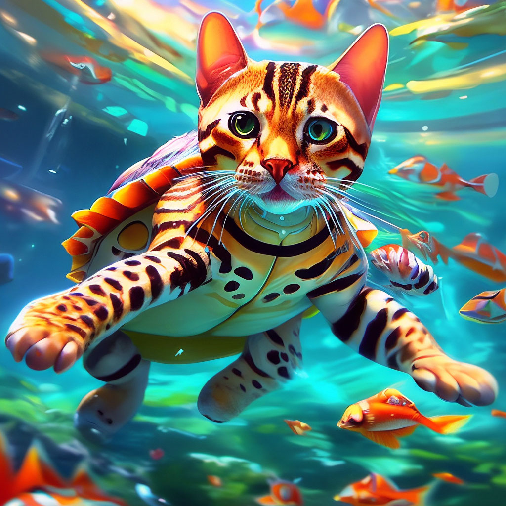 "Beautiful cute anthropomorphic Bengal turtle cat, chasing fish, in ...