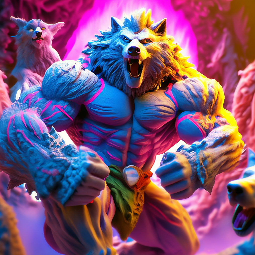 "Bright colors,werewolf-bodybuilder, fantasy, eats riding a huge wolf ...