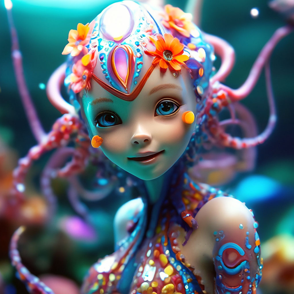 "A non-earthly cute alien girl alien hovers underwater, from the planet ...