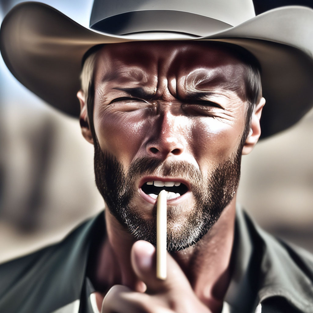 "A 35-year-old ClintEastwood man in a cowboy hat looks frowningly ...