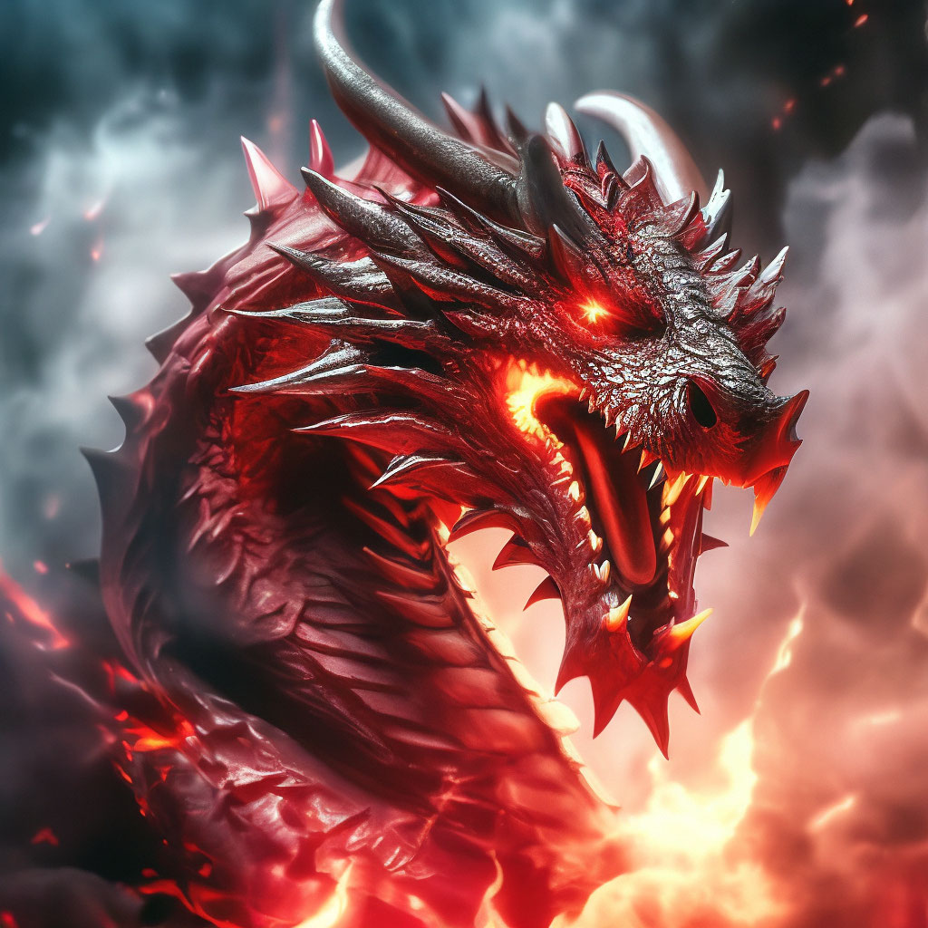 "Hyper realistic scarlet dragon, flaming eyes, sitting coming out of ...
