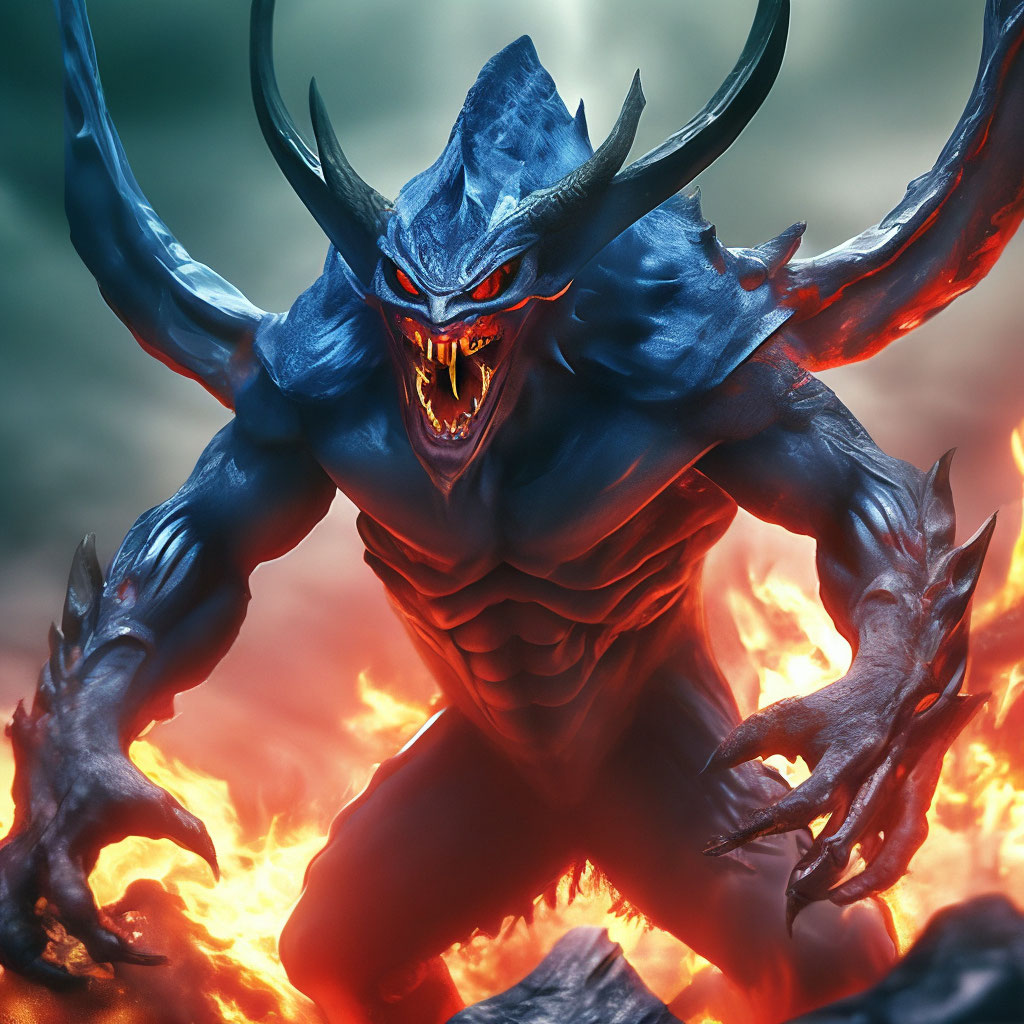 "Infernal demon, blue, full-length, emerging from burning lava, green ...