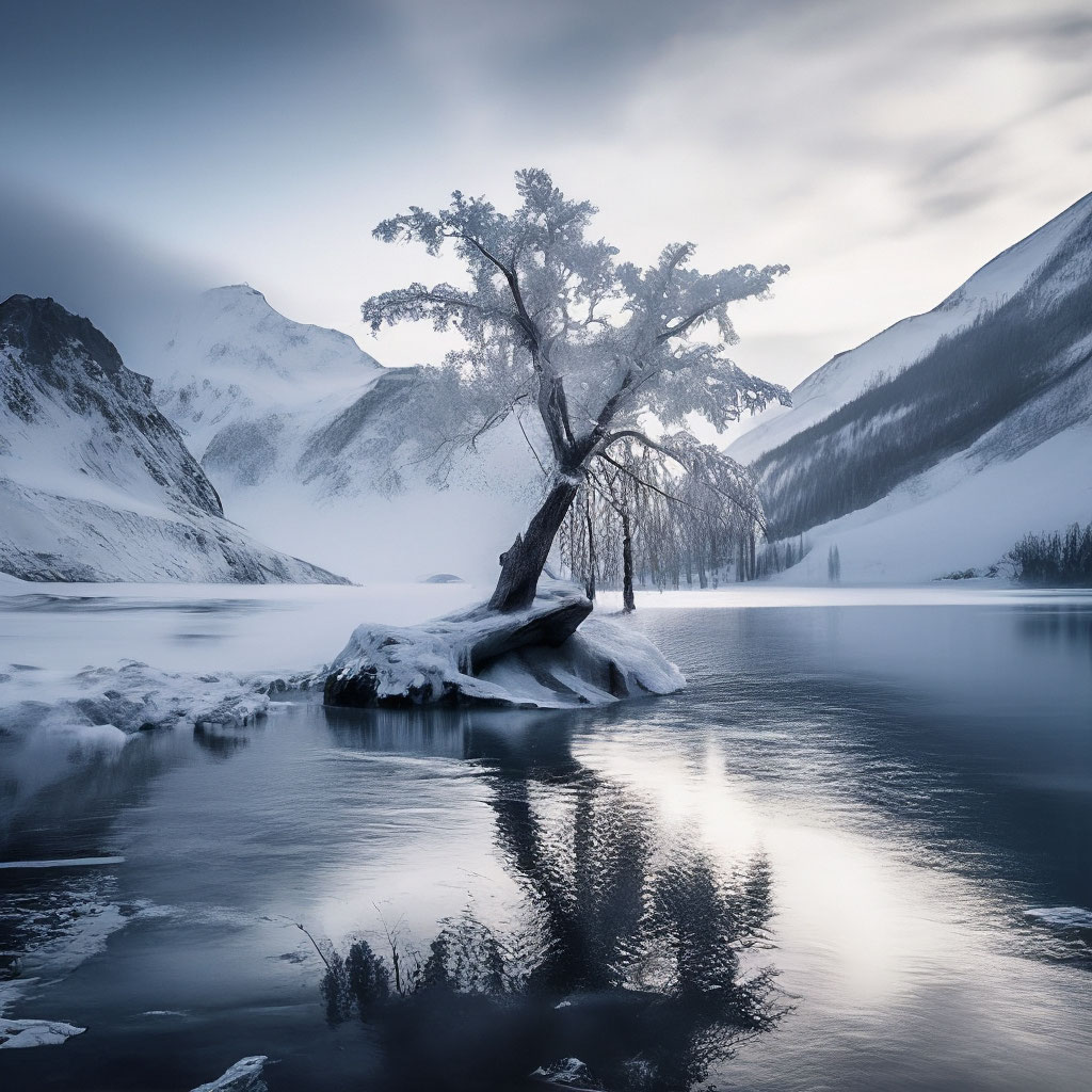 "Winter ice tree on the lake among the mountains, blizzard, snow, ice ...