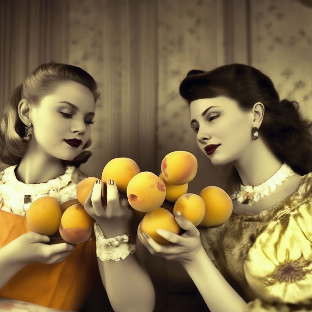 "Peaches fight with apricots, beauties watch" — image created in Shedevrum