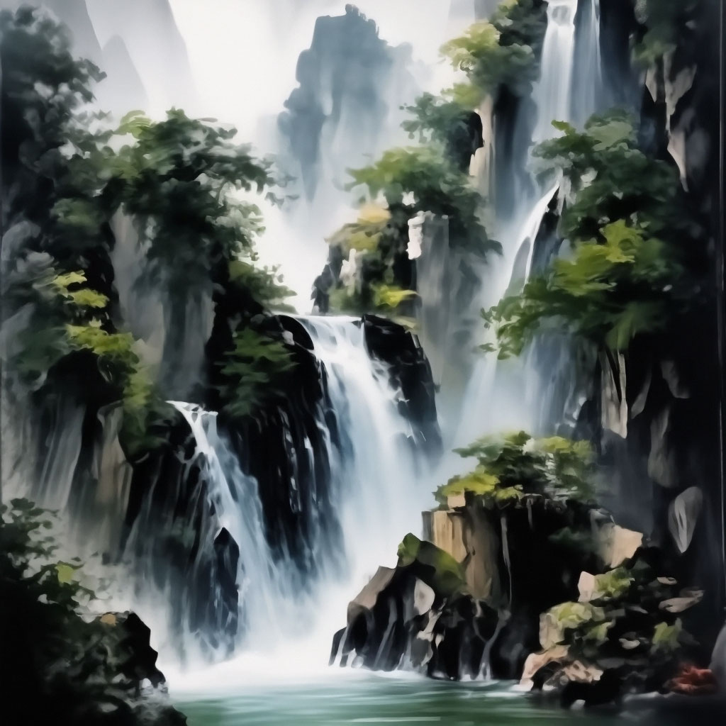"Chinese original painting, waterfall, ink washing art, Chinese ...