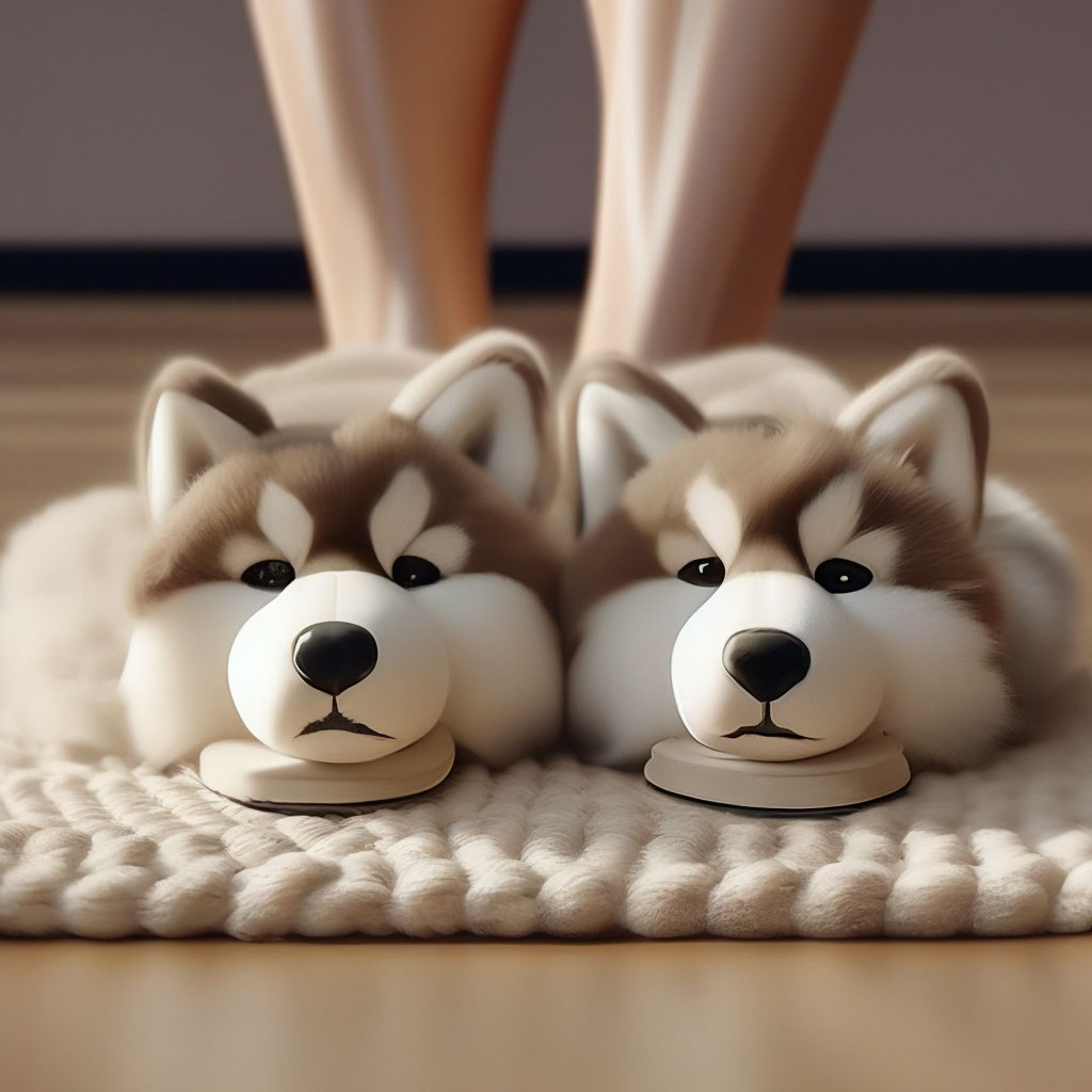 "Smooth women's feet in slippers, animal-shaped slippers, husky-shaped ...