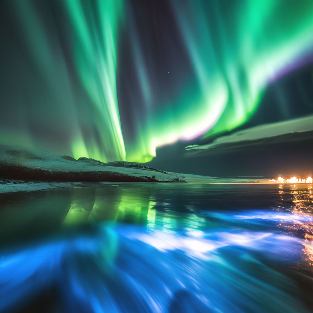 "Northern lights, over dark blue water with wave and pearl effects ...