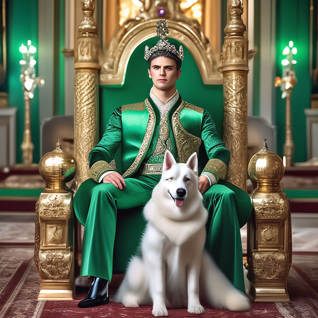"A hall with a throne in the emerald palace, a young handsome king sits ...
