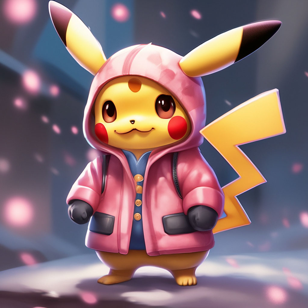"Pikachu in a coat and shoes with a headband on his head and pink eyes ...
