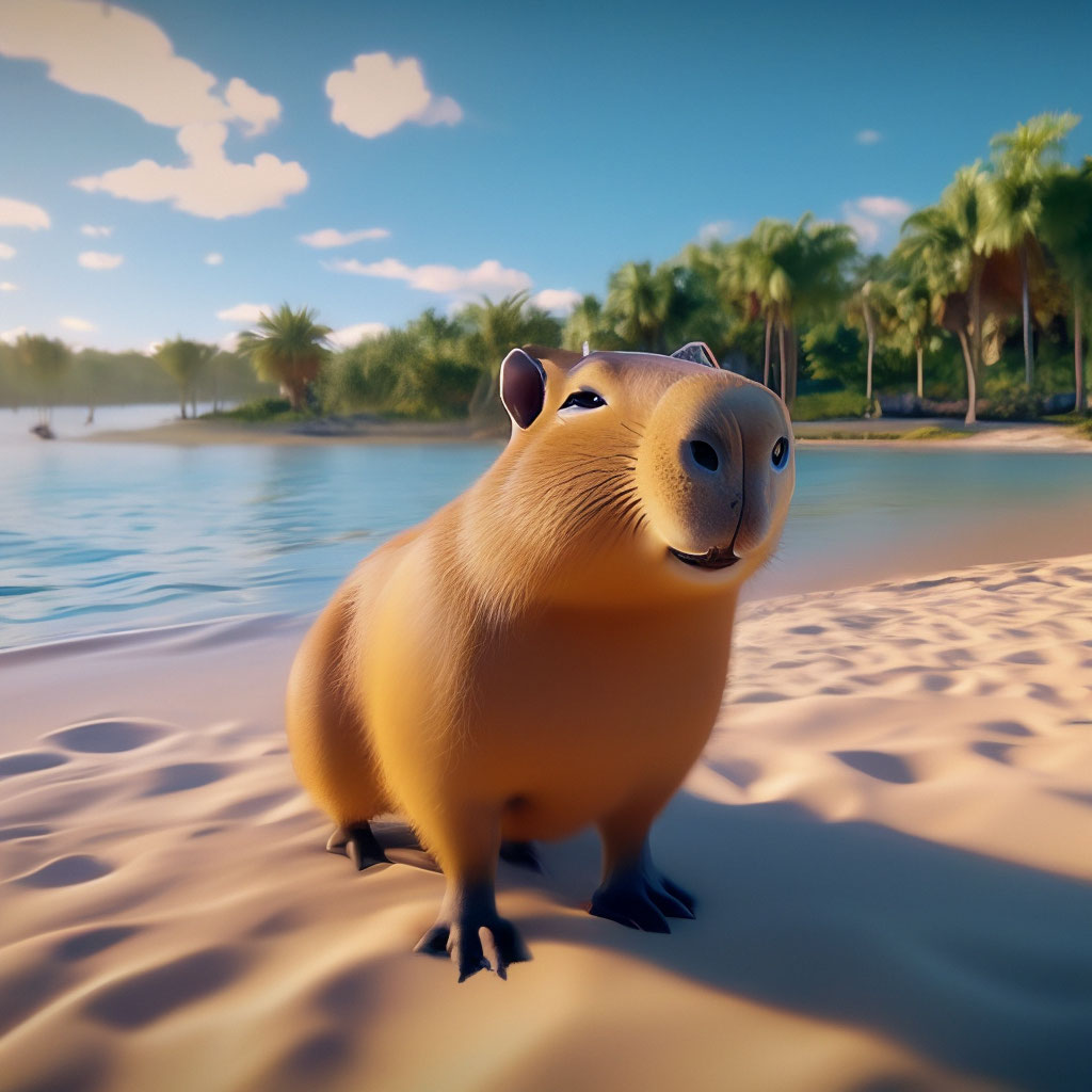 "Capybara with capybara on the beach, beautiful in 4K graphics, river ...