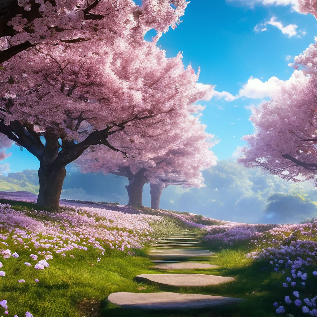 "Garden cherry blossom trees, garden path, against the background of ...