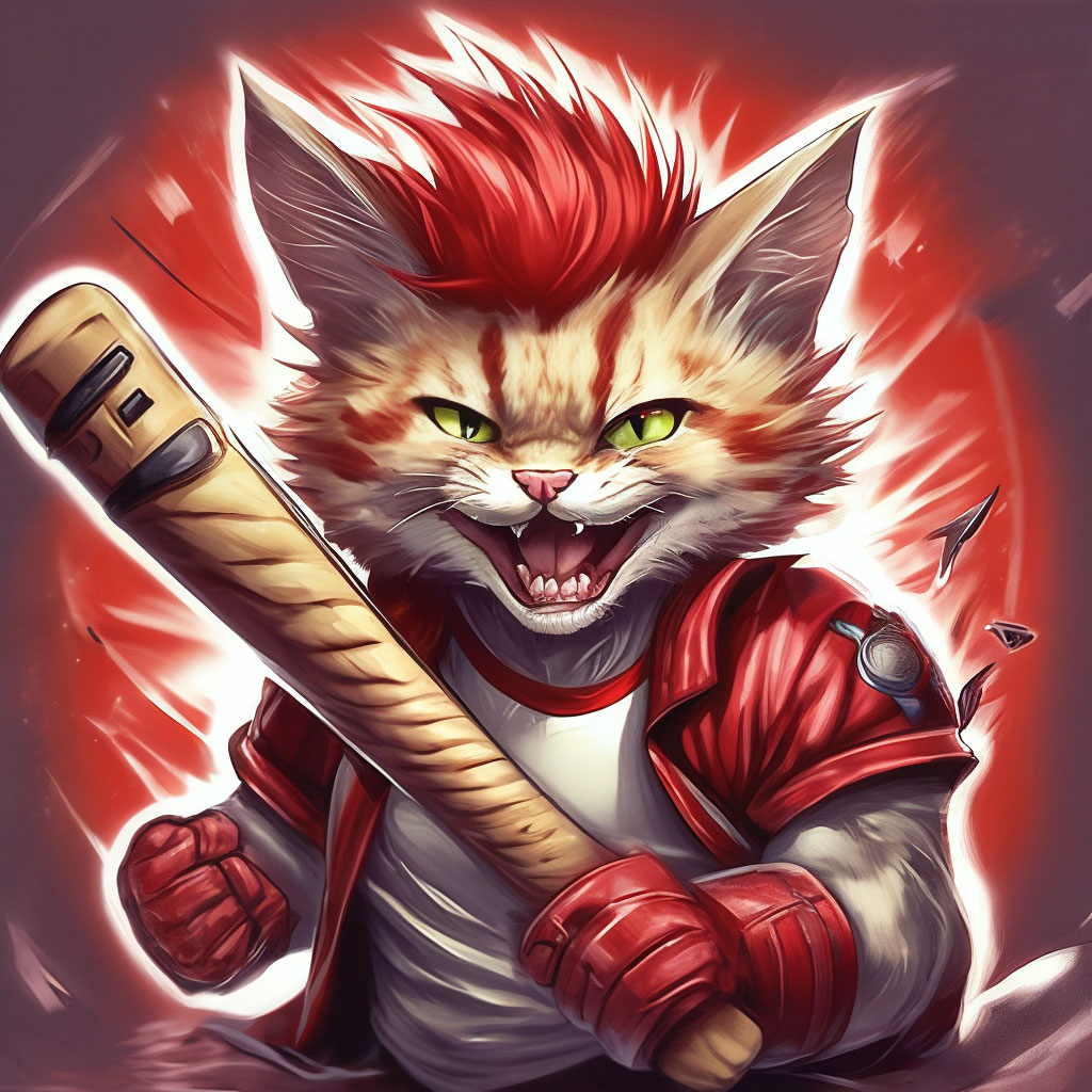 "Mad laughing fluffy creepy anarchist cat, red mohawk hairstyle, spiked ...