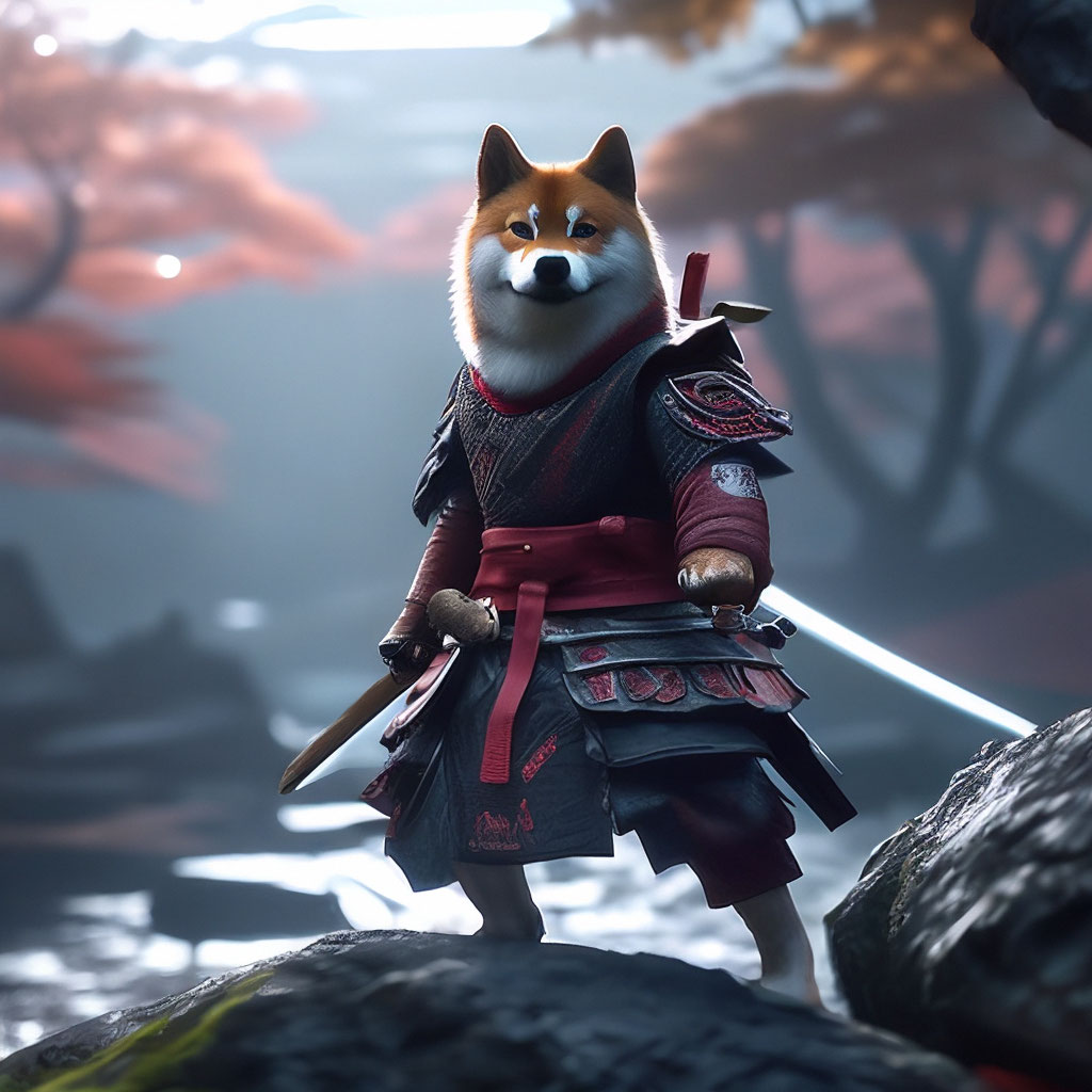 "Anthropomorphic Shiba-Inu samurai, katana, action, 3d, unreal engine 5 ...