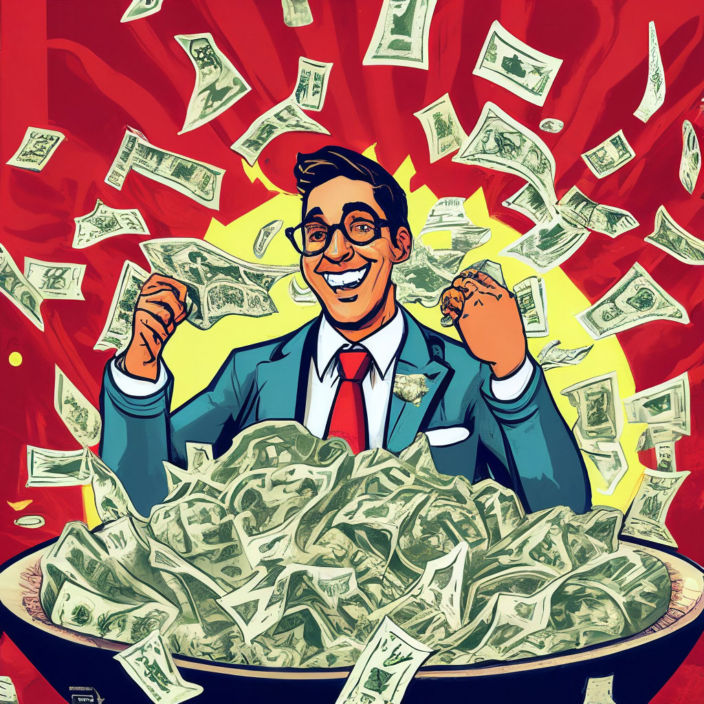 "A man bathes in money, in the style of a cartoon" — image created in ...