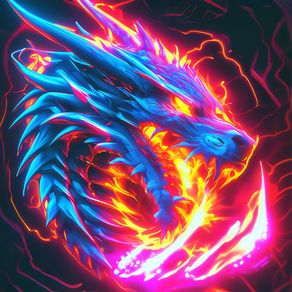 "Neon cyber dragon with a fiery flame" — image created in Shedevrum
