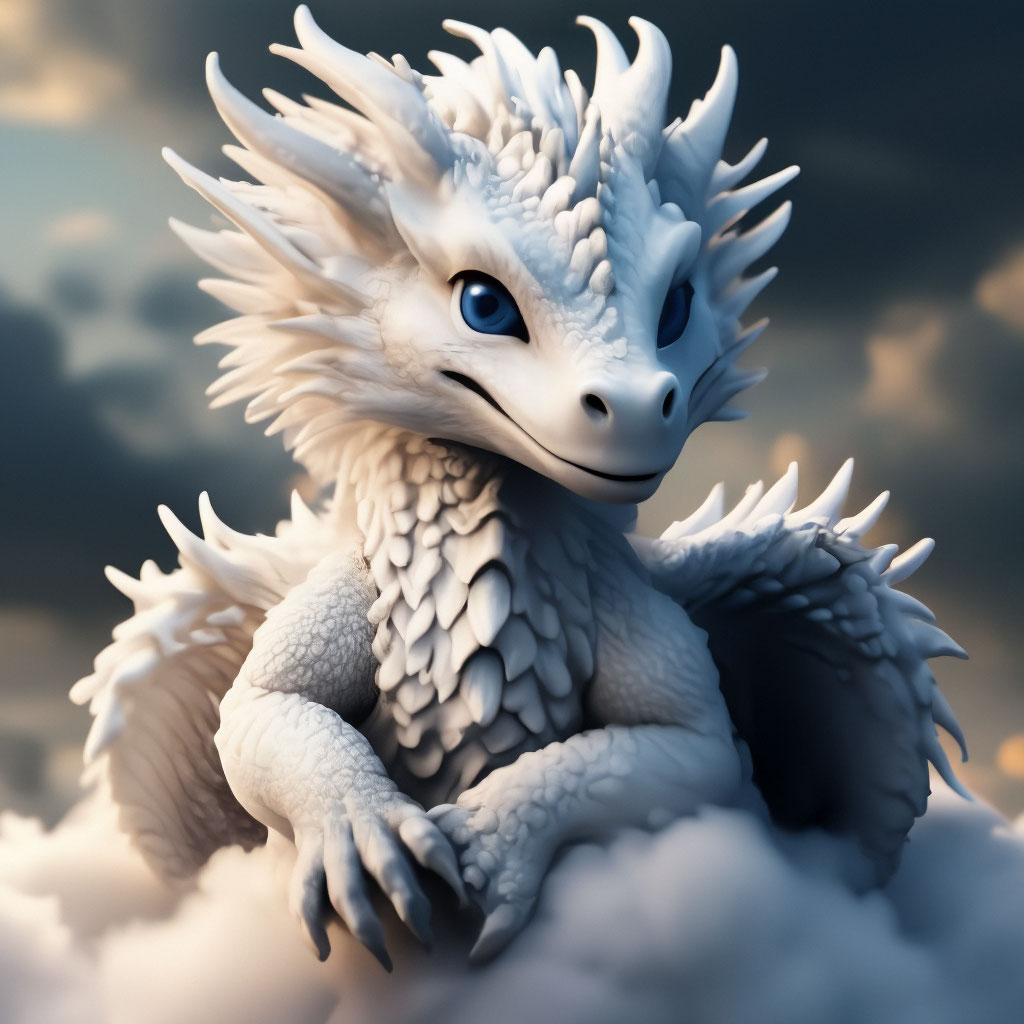 "A cute white fire dragon sits on a soft fluffy cloud, fabulous, high ...