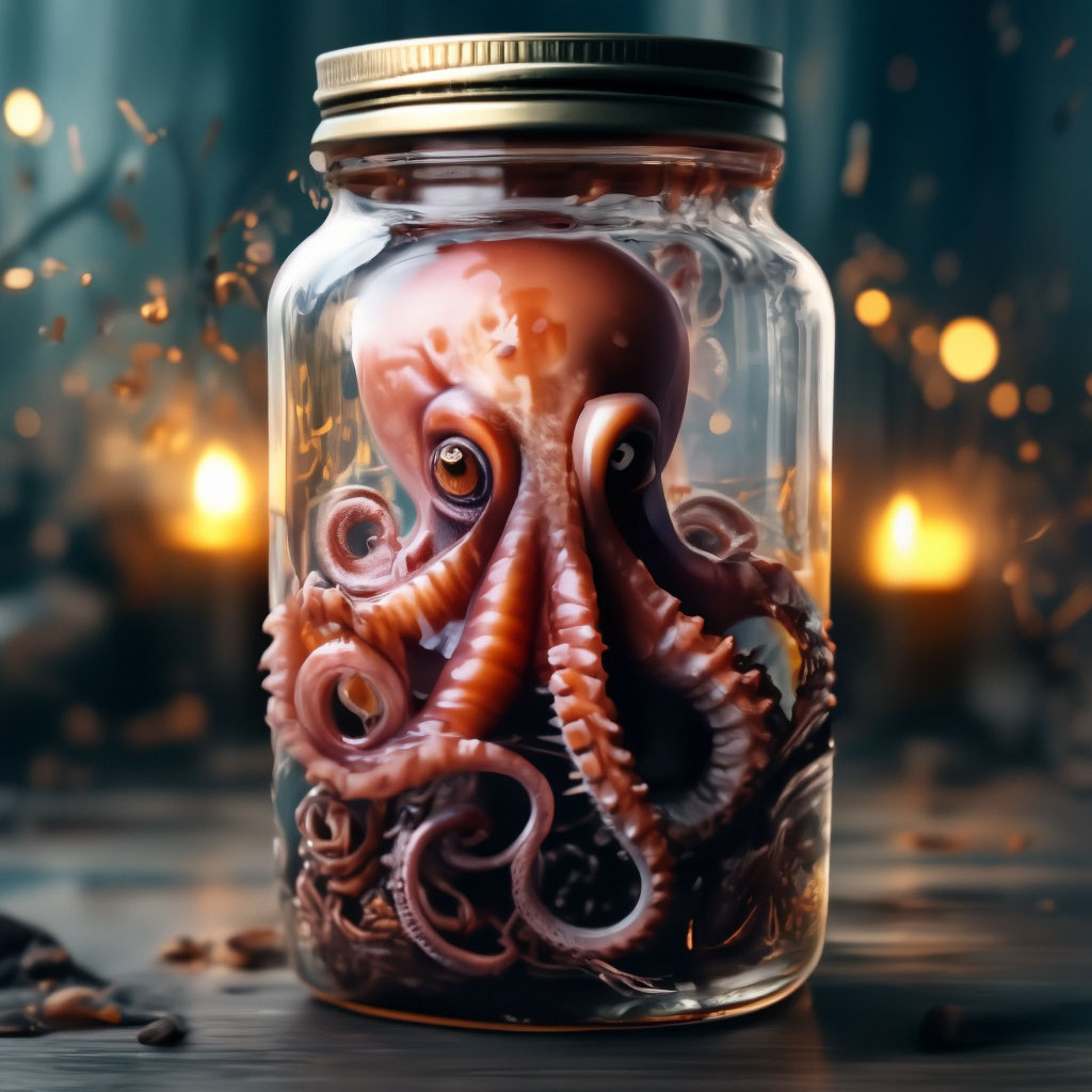 "Octopus in a jar or bottle" — image created in Shedevrum
