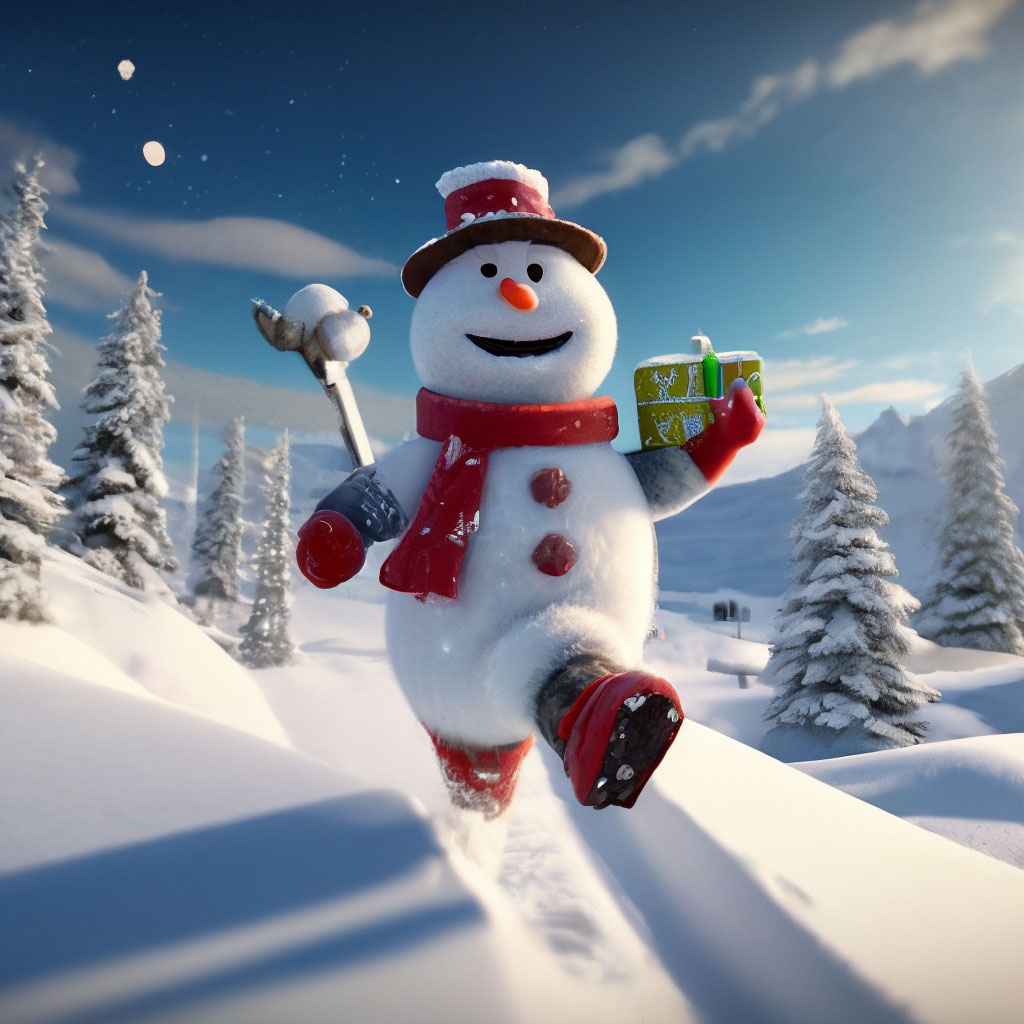 "A happy and contented snowman runs through snowdrifts in felt boots ...
