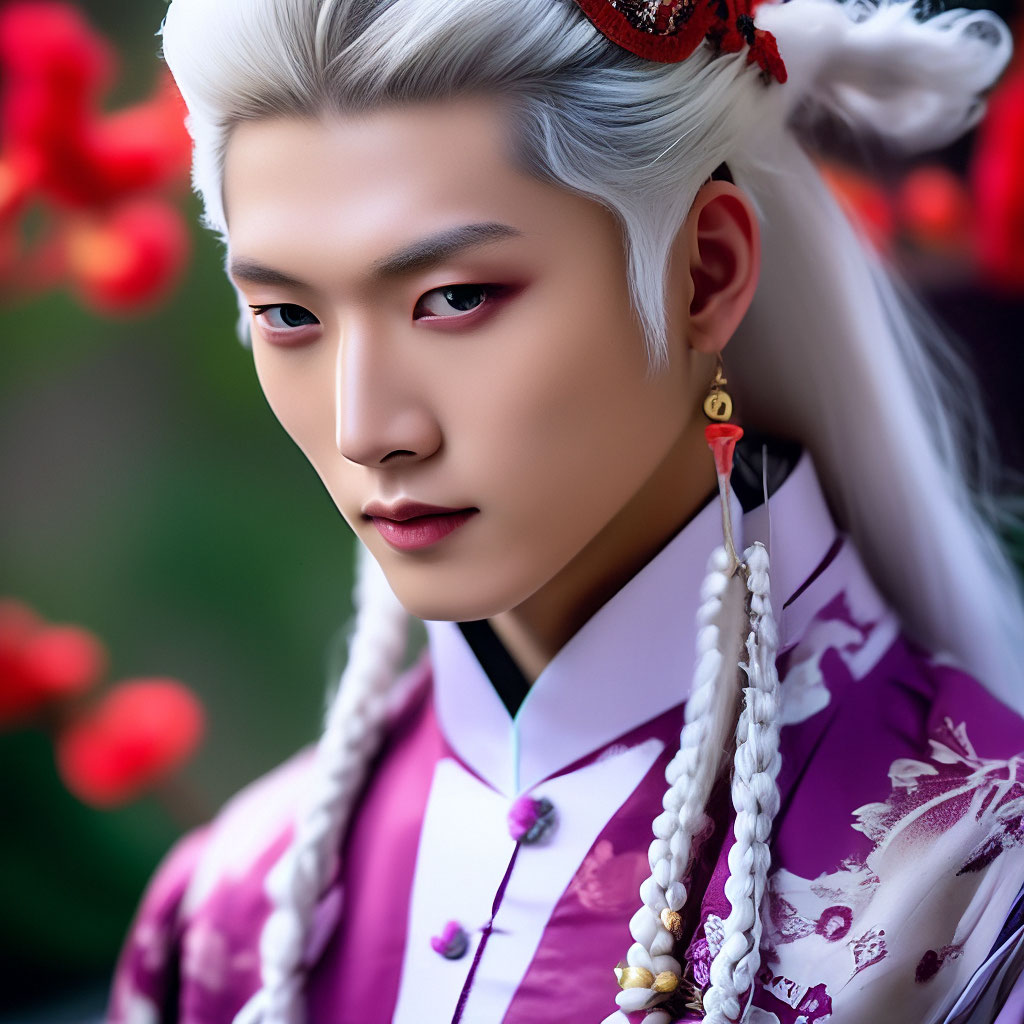 "A beautiful gentle young man with a mongoloid cut and purple eyes with ...