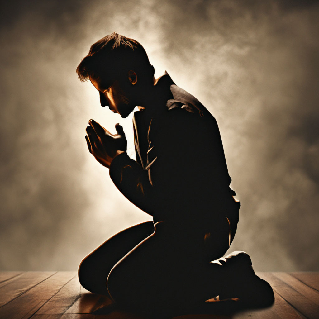 "Silhouette in profile of a man on his knees praying" — image created ...