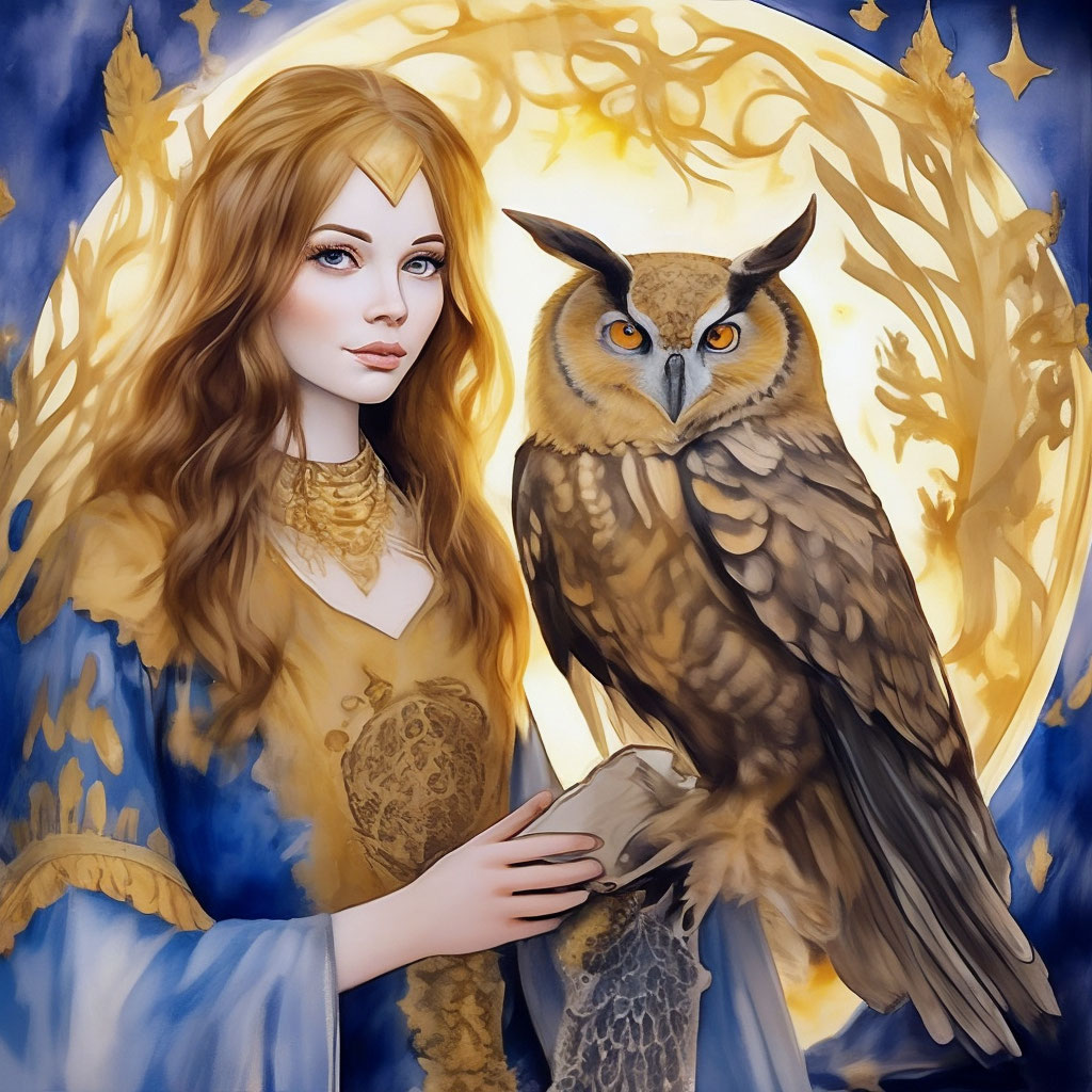 "Watercolour. drawn with golden charcoal.fabulous Bereginya and owl ...