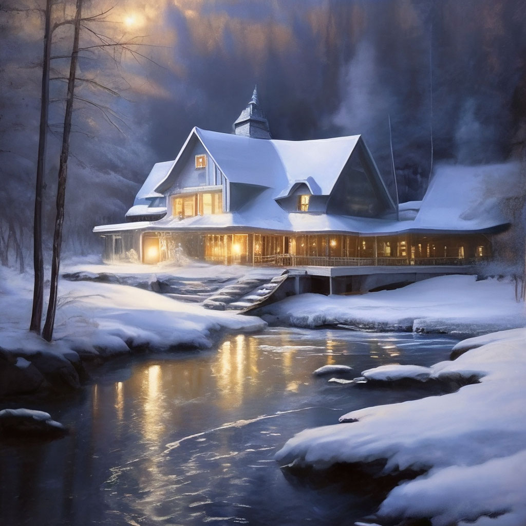 "Silver river, the house can be seen from afar. Silvery snow and a ...