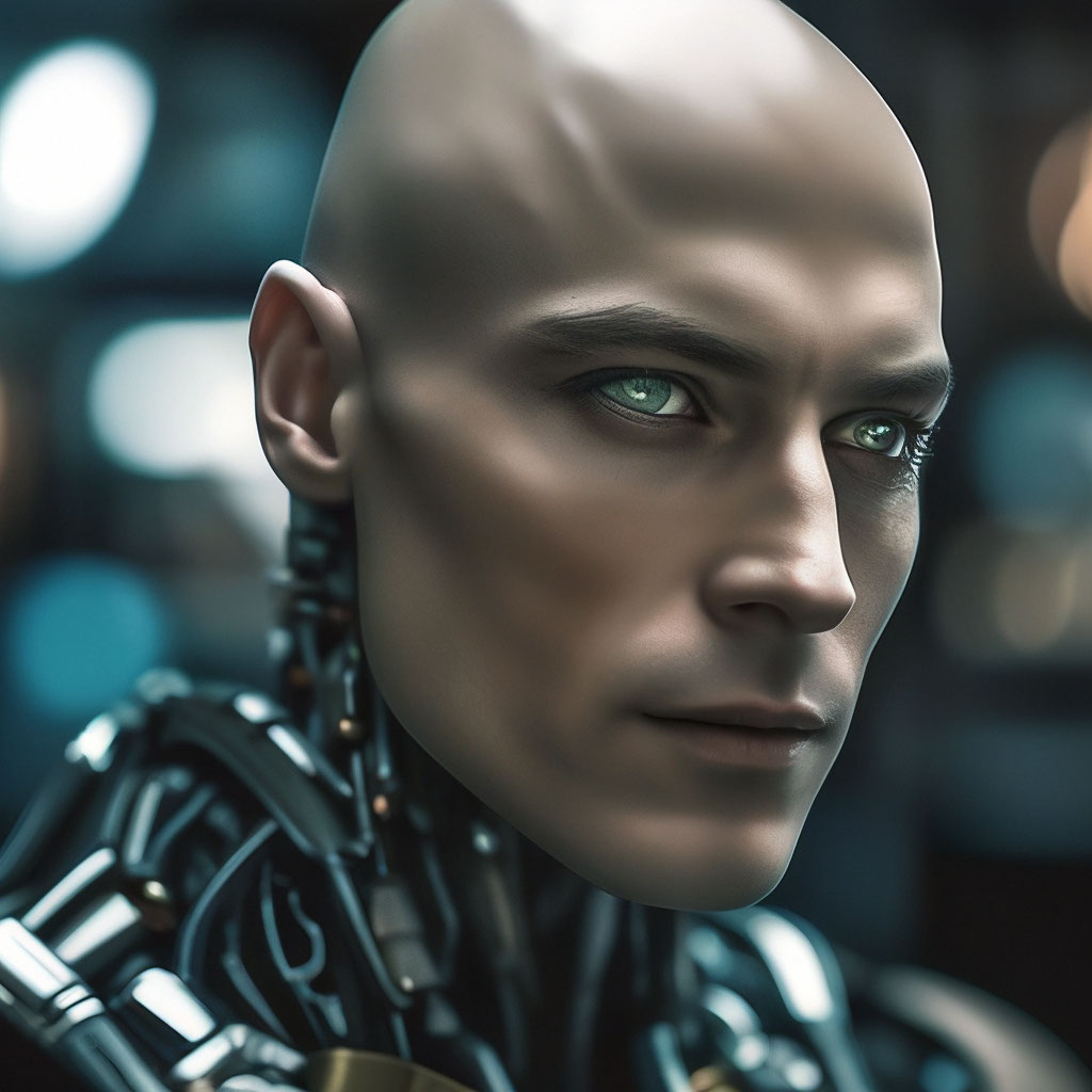 "Handsome bald cyborg man, very close-up face, mechanical light eyes ...