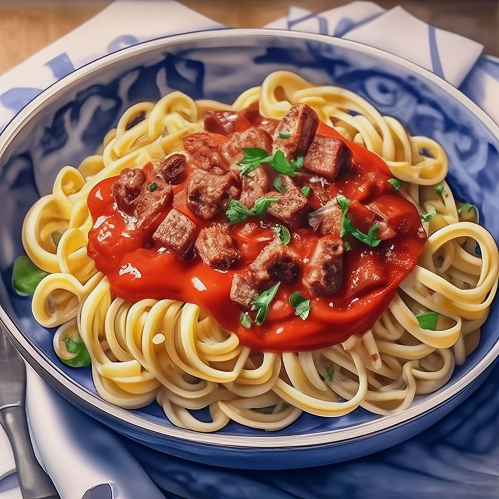"Delicious mouth-watering pasta in navy style with ketchup and meat ...