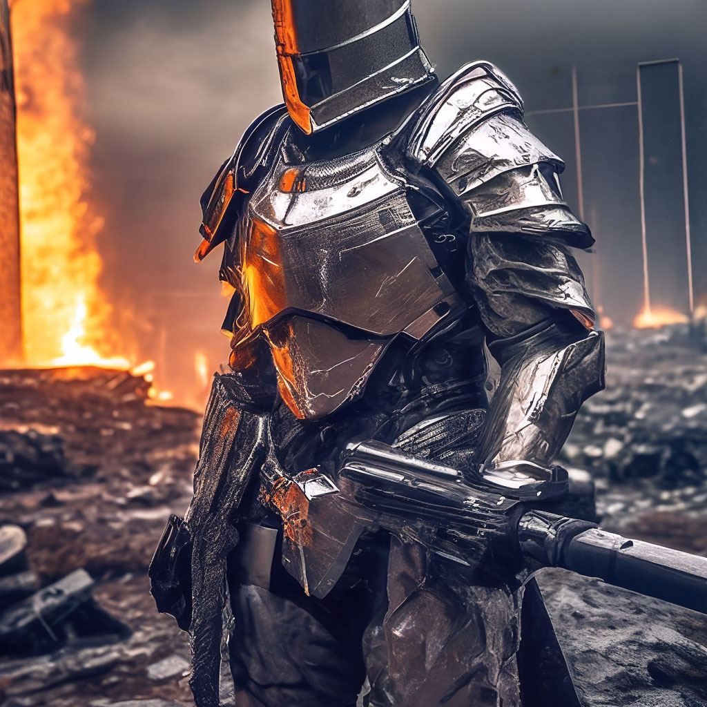 "Рыцарь a full-length knight, futuristic, in metallic armor with a ...