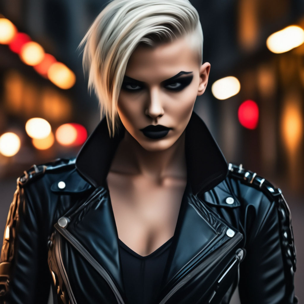 "Beautiful vampire biker girl in black leather tight clothes, blonde ...