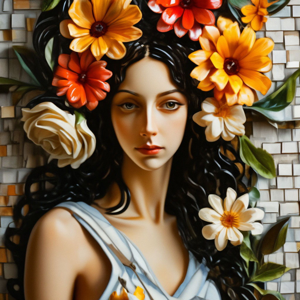 "Flowers and a girl surrealism, made in the style of mosaic, monumental ...