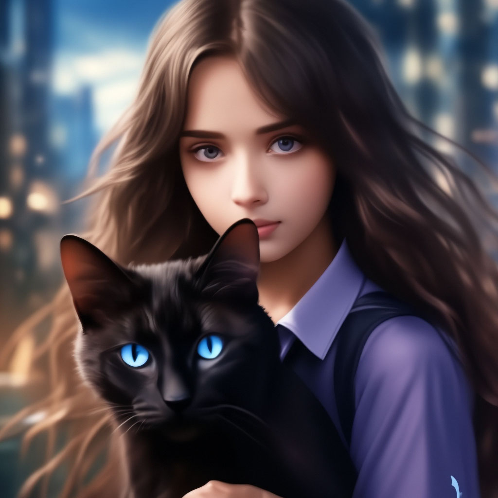 "A girl with dark brown hair and pink eyes, wearing a lilac school ...