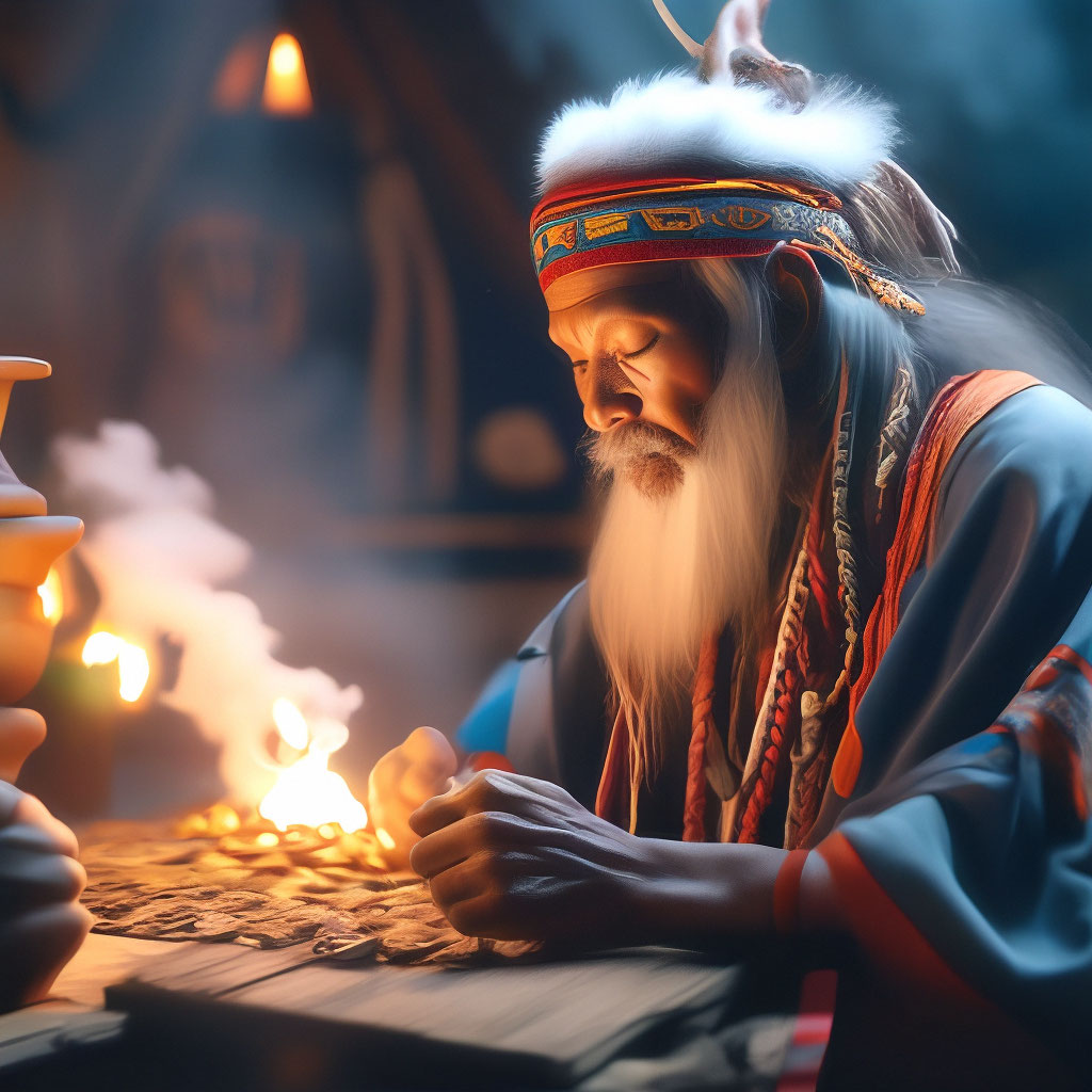 "Shaman at work, realistic, beautiful, professional photo, aesthetically pleasing, 4k, 1/250s ...