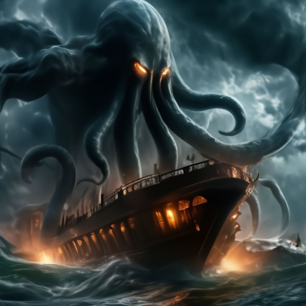 "The Cthulhu monster sinks the Flute Ship, the ship shoots, people in ...