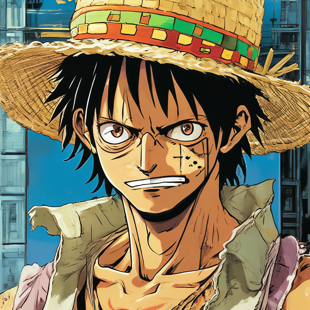 "Monkey D. Luffy, straw hat, anime style, scar in the form of a cross ...