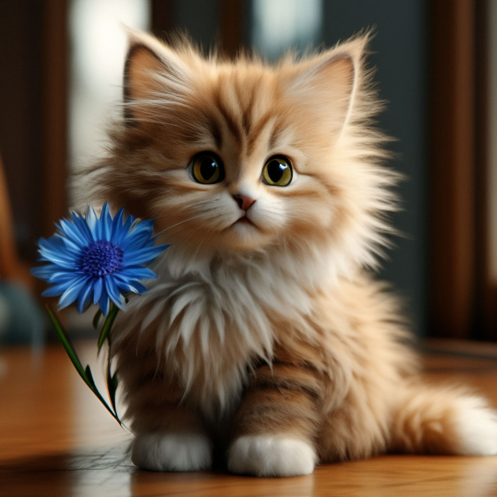 "Realistic Fluffy Cute Cat Cornflower 10K 5D Computer Graphics" — image ...