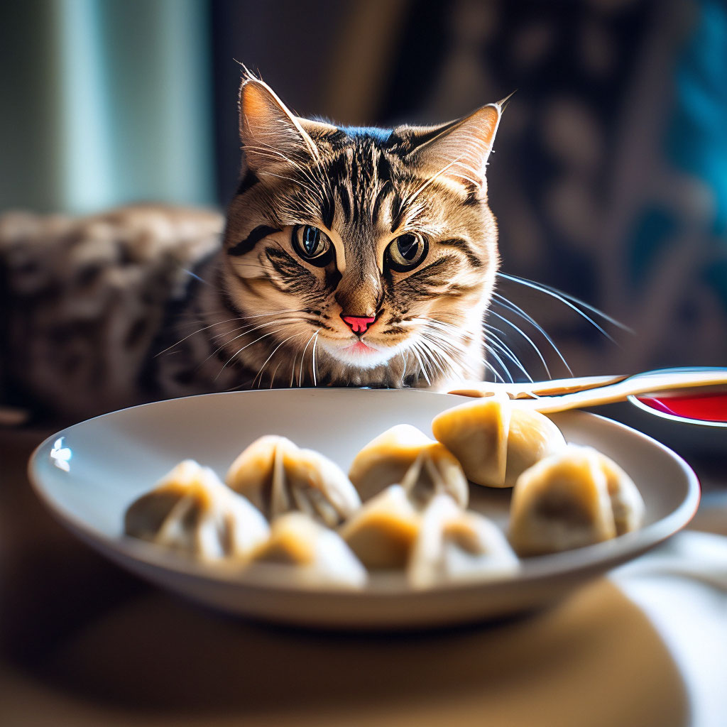 "The cat eats dumplings" — image created in Shedevrum