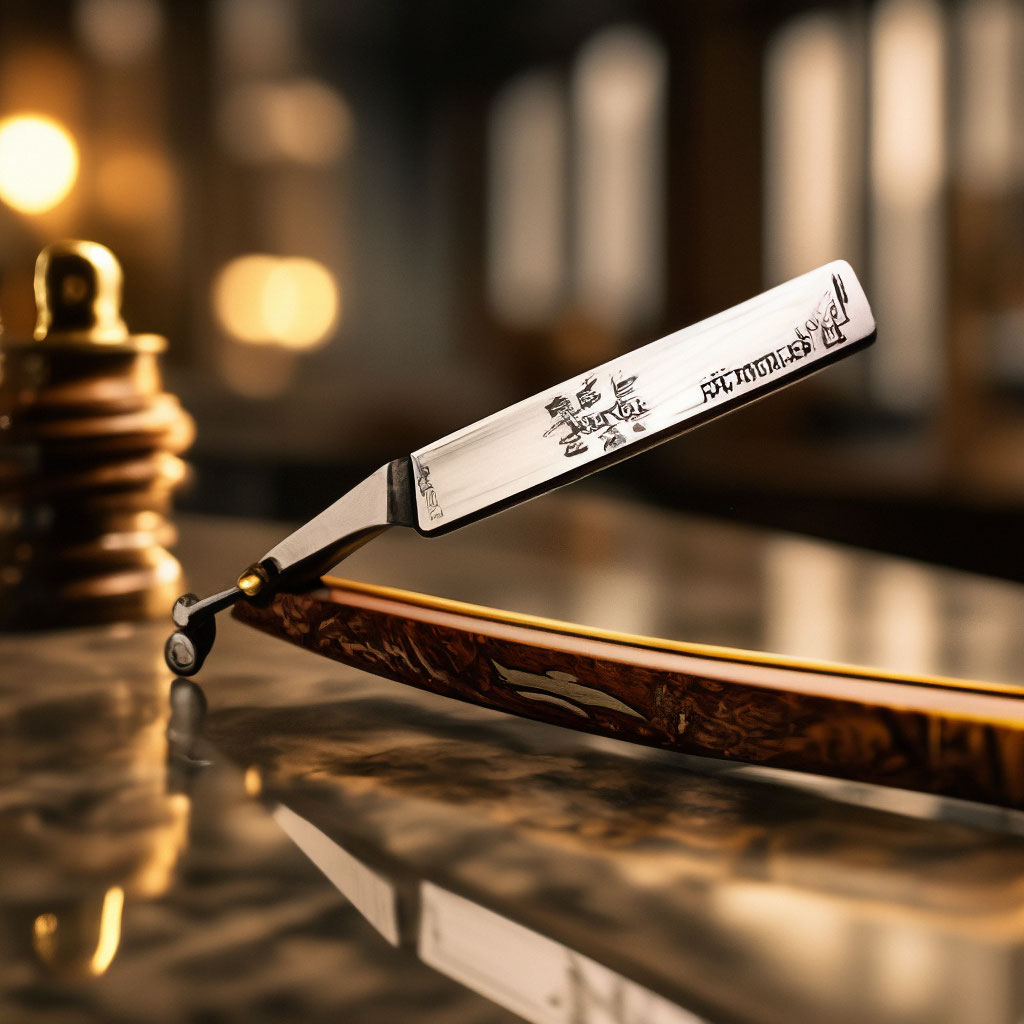 "Barber's razor with engraving in a barbershop with good lighting ...