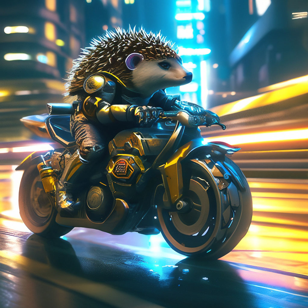 "Cyber hedgehog on a motorcycle rides on a night highway, armor ...