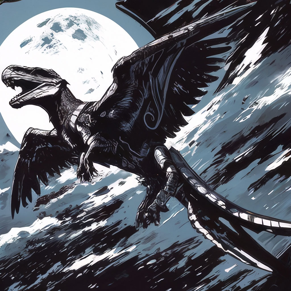 "Vector graphics, space raptor, black sky, sketch art, lots of black" — image created in Shedevrum