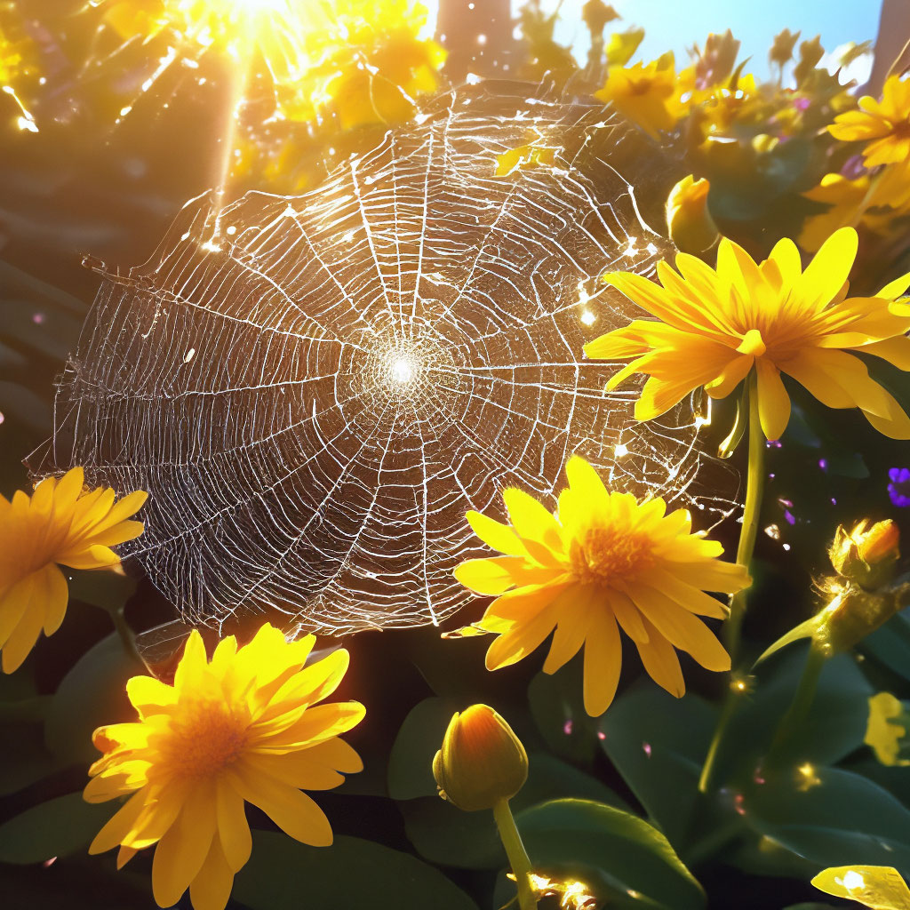 "Cobweb among yellow flowers, sunny, glitter, 64k, drawing, realistic ...