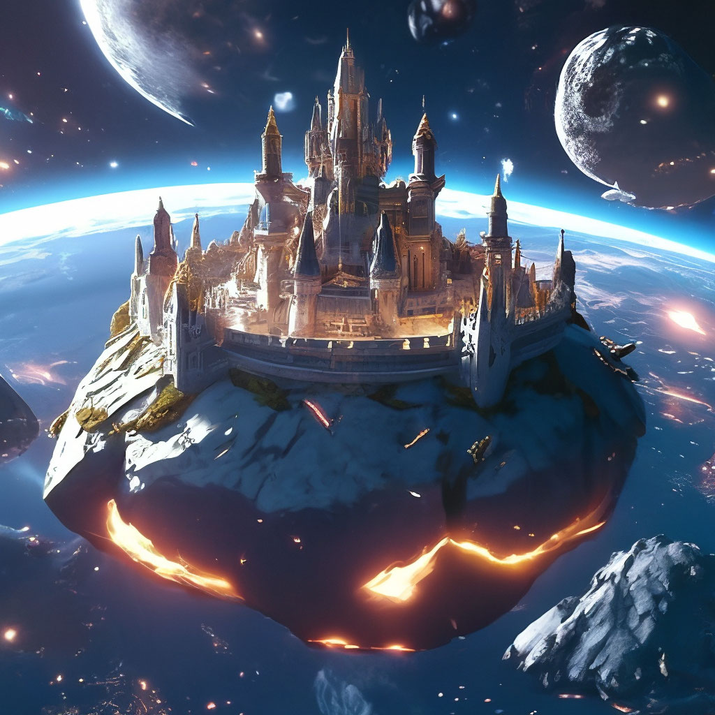 "For @Grimnodums Starry space, stars, a large majestic castle-fortress ...