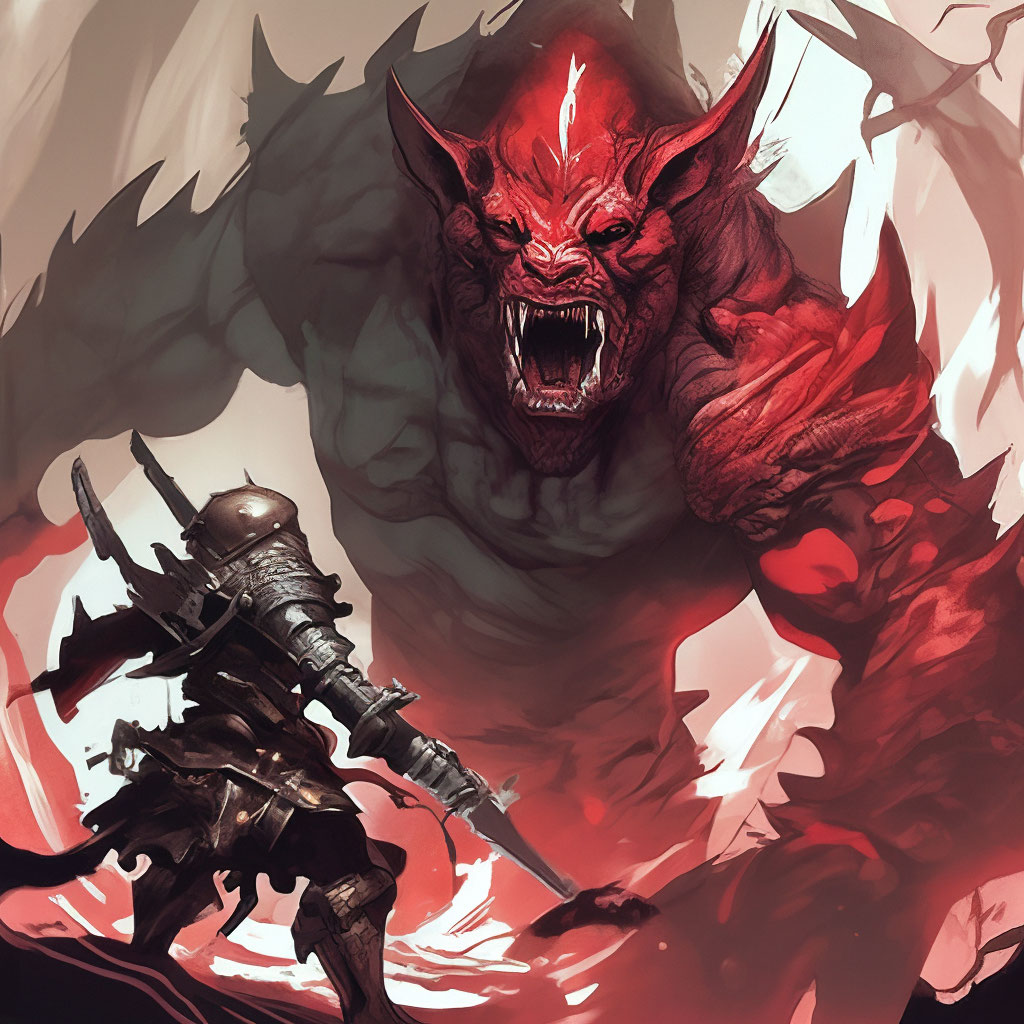 "Ogre, elf eater, attacks the warrior elf, ink, dark tones, crimson ...